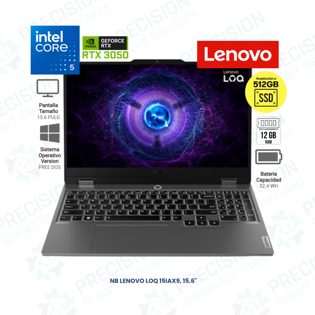 Laptop Lenovo LOQ 15IAX9|15.6"| Core i5-12450HX| 8GB|512GB SSD| Video ...